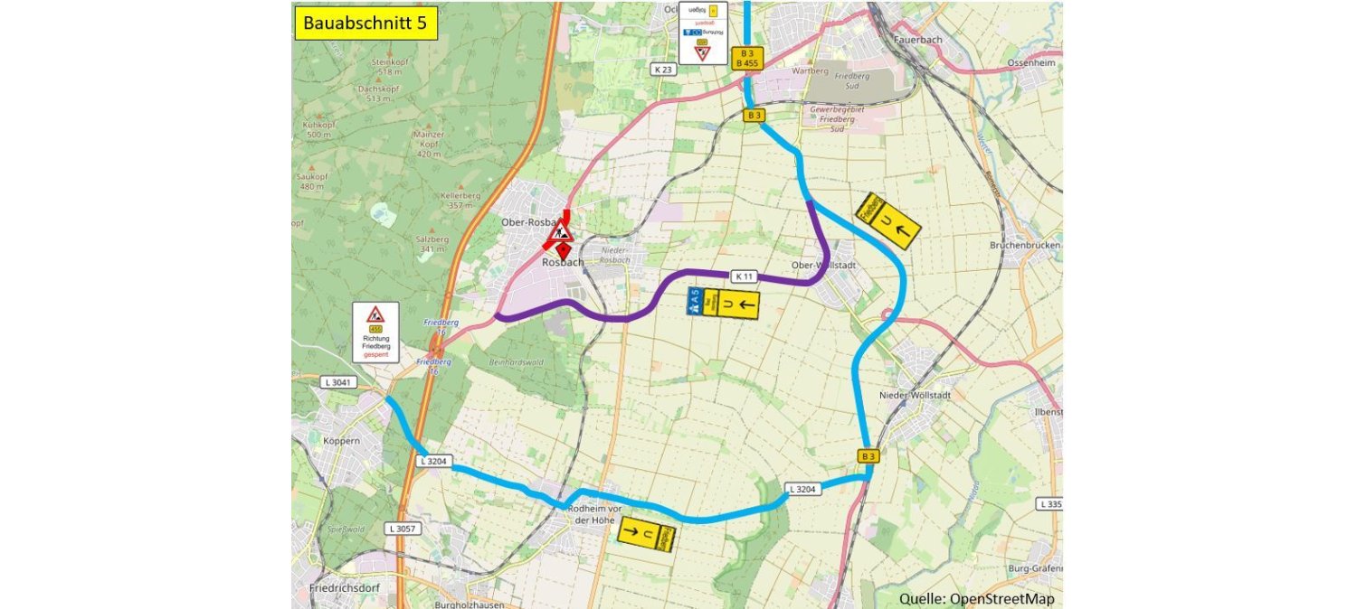 Straßenbauarbeiten auf der B 455 zwischen Rosbach v.d.H/Ober-Rosbach und der A 5 ...