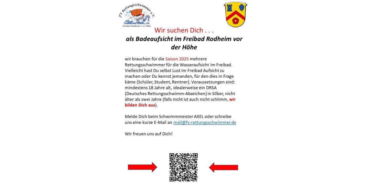 Freibad Rodheim: Rettungsschwimmer für die Saison 2025 gesucht! | Stadt ...
